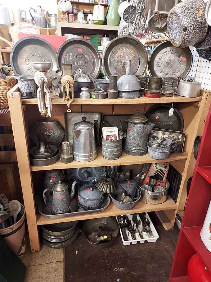 Graniteware heaven! These speckled metal treasures once cooked meals over prairie woodstoves and now stand ready for a new culinary adventure.