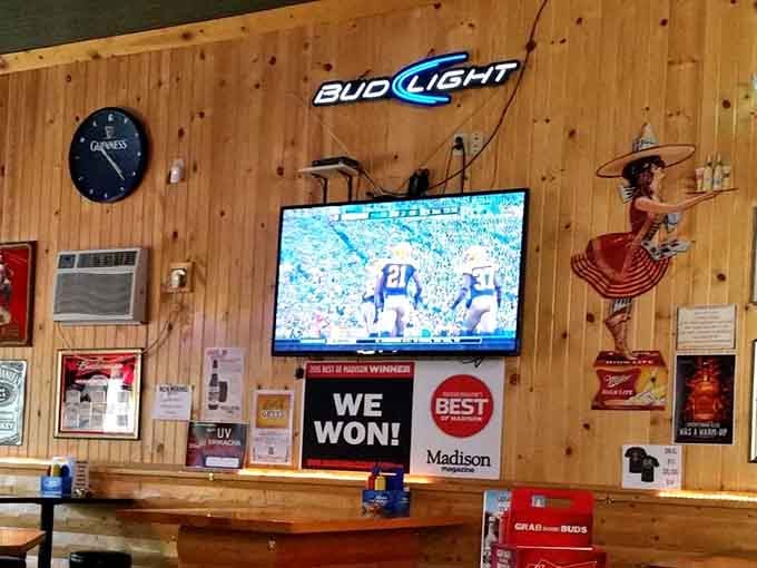 Sports memorabilia and quirky decorations give the space personality, like your favorite uncle's basement if he had really great taste.