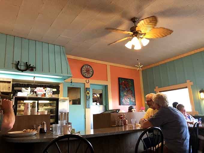 The counter seating offers front-row views of diner magic happening, where eggs crack and coffee pours endlessly.