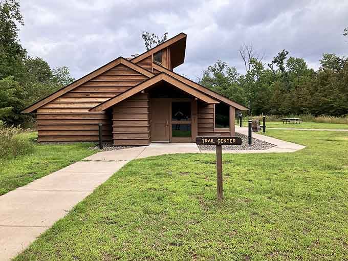 The Trail Center welcomes visitors with rustic charm and probably helpful maps you'll definitely need.