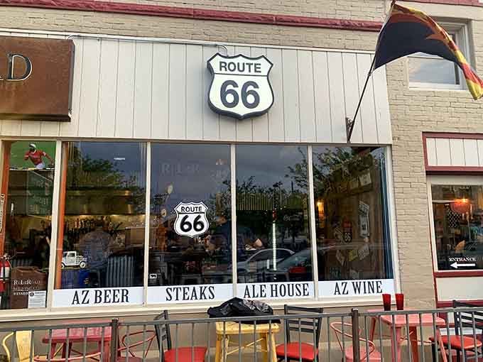 Route 66 signage and outdoor seating invite you to grab a cold one and watch the world slow down to a reasonable pace.