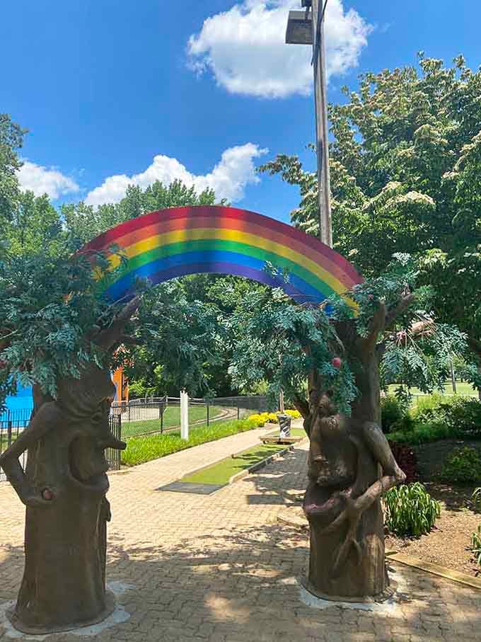 Walking under this rainbow arch feels like stepping into the movie, except nobody's house lands on anyone here.