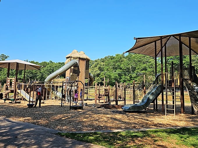 Thatched roof details add whimsical tropical vibes to structures that could easily star in adventure movies.