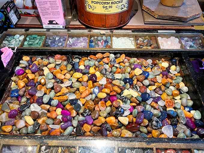 Polished stones in every color imaginable, like Earth decided to show off its entire jewelry collection simultaneously.
