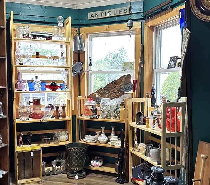 This sun-drenched corner showcases the art of display – everyday vintage objects transformed into museum-worthy vignettes bathed in natural light.