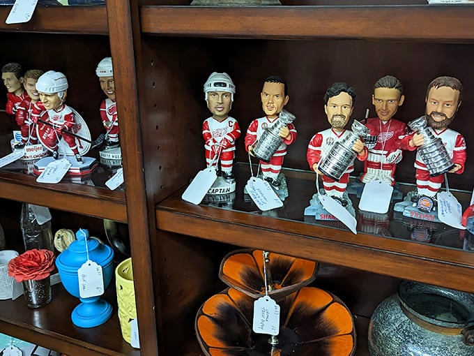 Detroit Red Wings immortalized in bobblehead form. These nodding hockey heroes bring Michigan sports history to life, Stanley Cups and all.