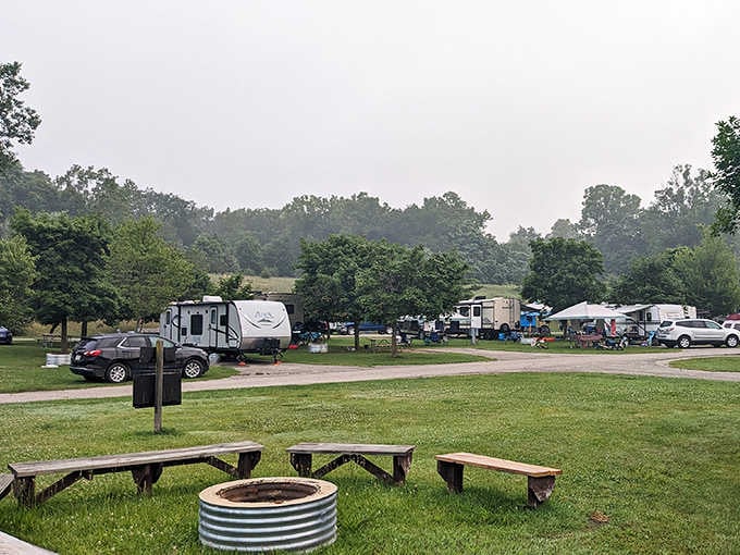 Camping Michigan-style: where your temporary neighborhood has better views than most permanent addresses.