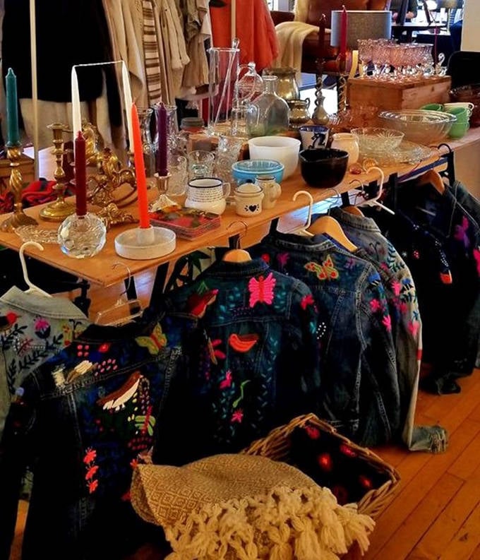 Embroidered denim jackets hang like wearable art galleries, each one a unique canvas of self-expression waiting for its next owner.