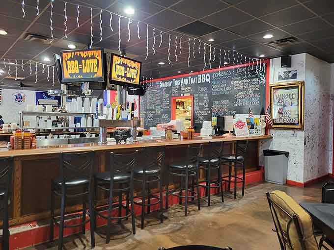 The counter where BBQ dreams come true. Those "BBQ=LOVE" signs aren't just decoration—they're stating scientific fact.
