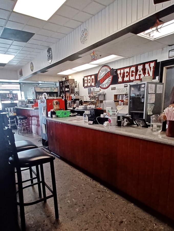 The counter where dreams come true. That "BBQ VEGAN" sign tells you this isn't your grandfather's barbecue joint.