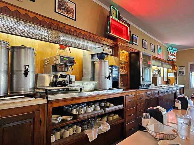 The counter area maintains that classic diner aesthetic where solo travelers and regulars have shared stories for decades.