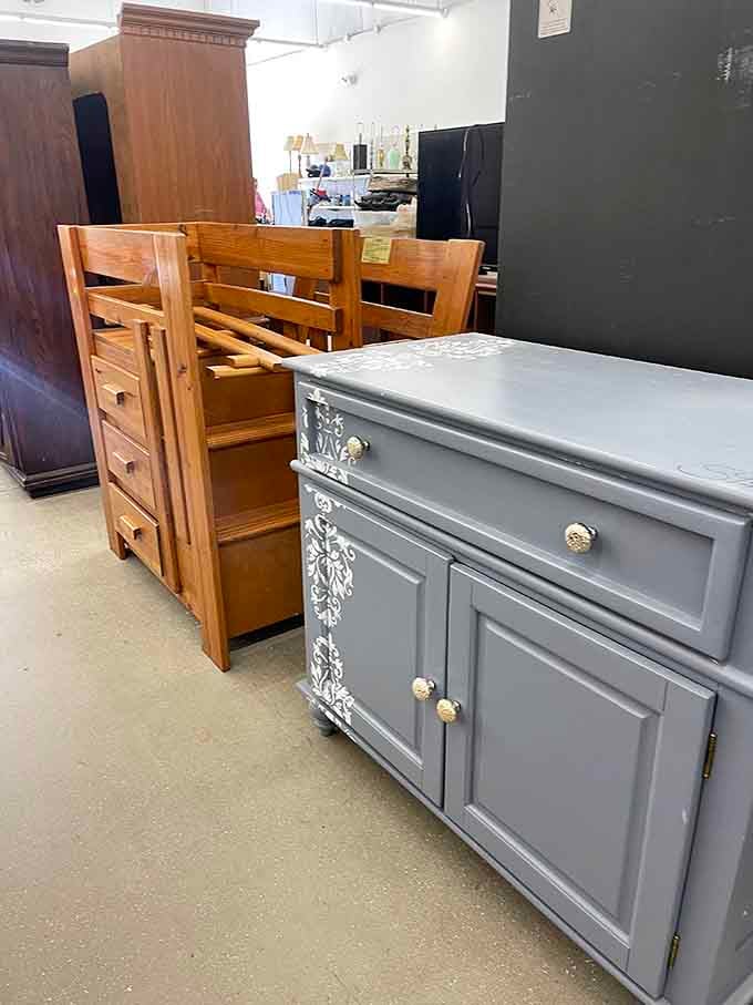 Furniture with character and stories to tell. That refinished gray cabinet would cost triple at a boutique shop selling "upcycled vintage pieces."