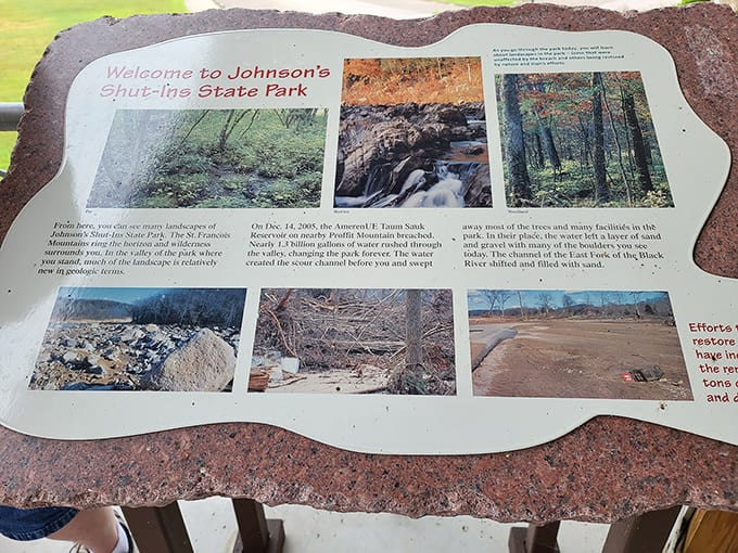 History etched in stone&mdash;this interpretive panel tells the dramatic story of the 2005 flood that reshaped the park overnight.