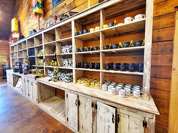 Country store charm with shelves of treasures. Browse handcrafted mugs and local goods while your stomach makes room for dessert.