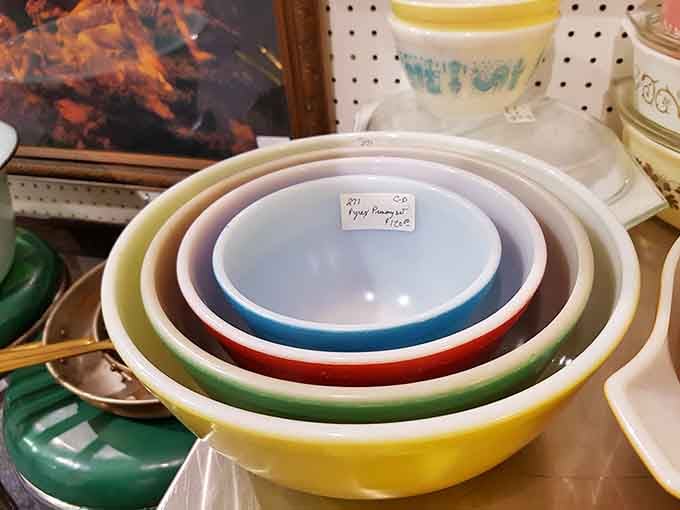 Pyrex paradise! These colorful nesting bowls have survived thousands of potlucks and holiday dinners since the Eisenhower administration.