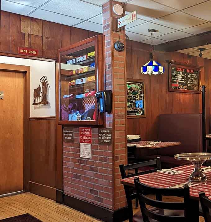 Even the hallway to the restrooms tells a story of decades past, when brick accents and wood paneling weren't retro&mdash;they were simply practical.