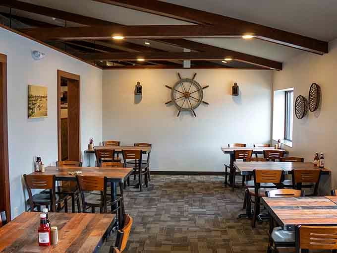 A quieter dining room with nautical touches shows there's plenty of space to spread out and enjoy your meal in peace.