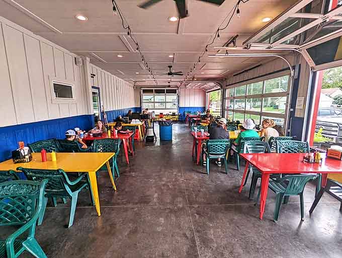 The dining area feels like a community living room with colorful tables that say, "Stay awhile, order dessert, make some memories."