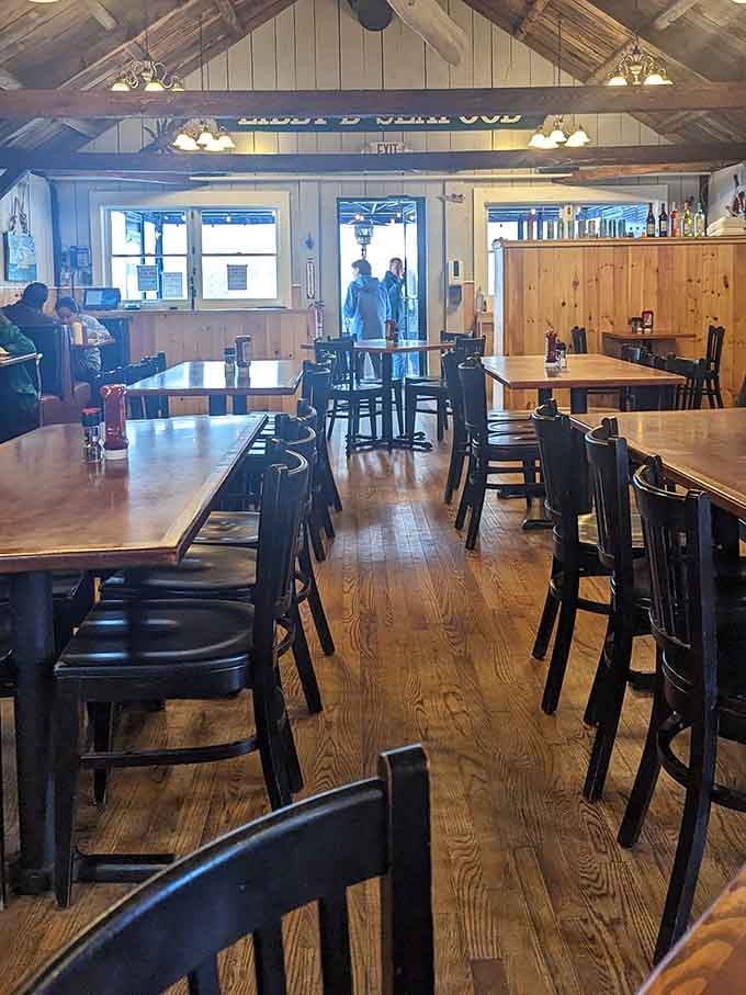 Simple wooden tables and chairs that say, "Sit down, stay awhile, there's no rush when food is this good."