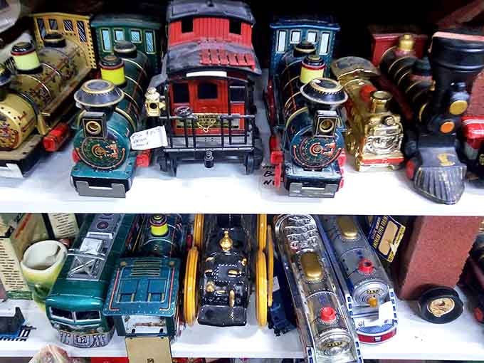 Miniature trains lined up like a parade of mechanical nostalgia&mdash;each one ready to transport collectors back to childhood Christmas mornings and basement track wonderlands.