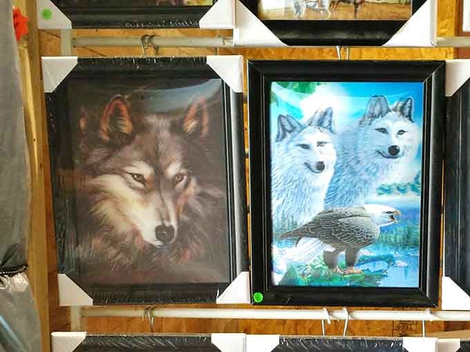 Wolf artwork howls for attention among the Southwestern-themed wall décor. Someone's living room is about to get significantly more dramatic.