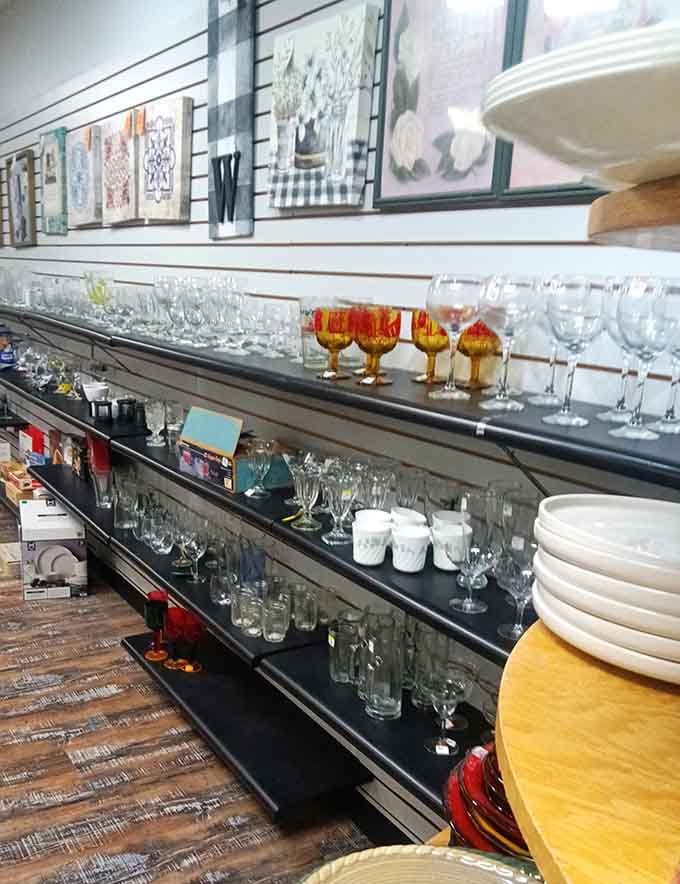 Stemware galore! Those amber goblets are begging to be filled with something festive while telling tales of dinners past.