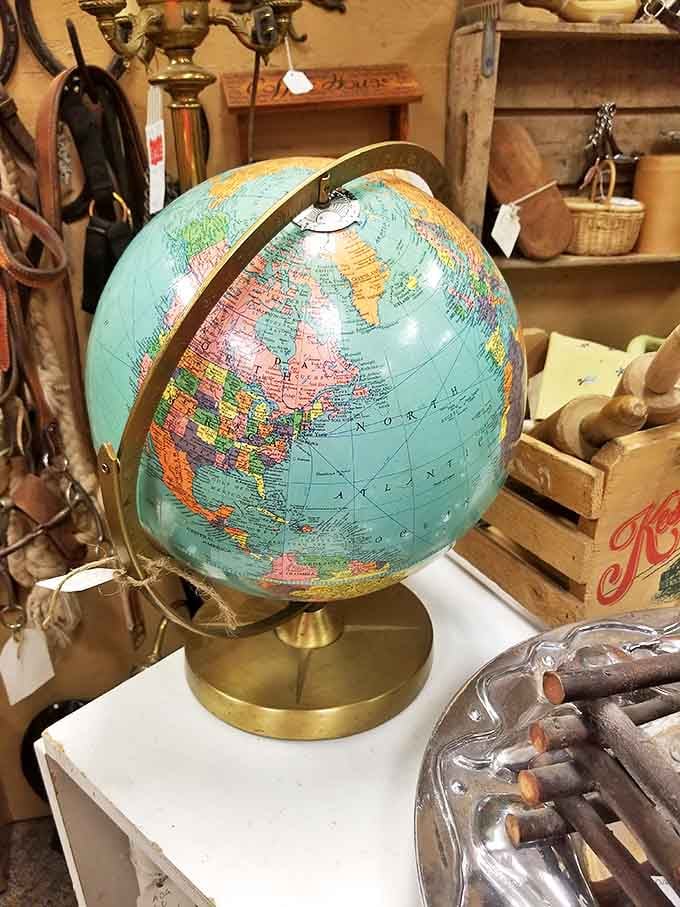 This vintage globe shows a world before borders shifted, when explorers still had blank spaces on maps to fill.