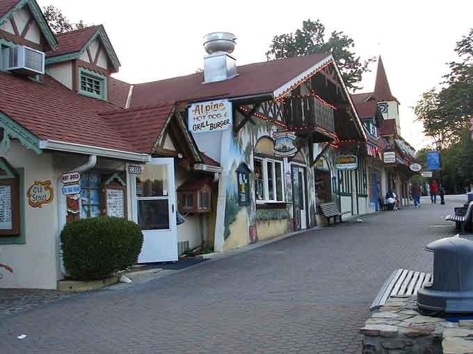 Bavarian-style buildings cluster together like they're auditioning for a Sound of Music remake set in Georgia mountains.