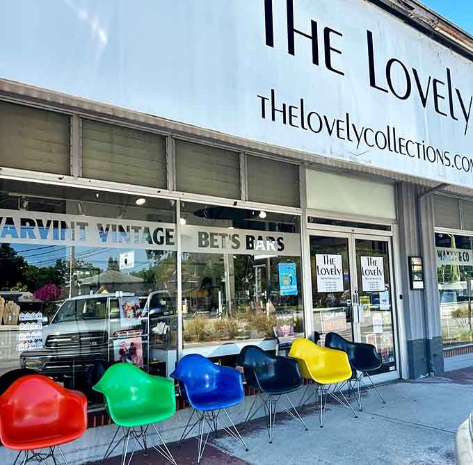 Those rainbow-bright Eames chairs lined up outside are just a preview of the vintage magic waiting within.