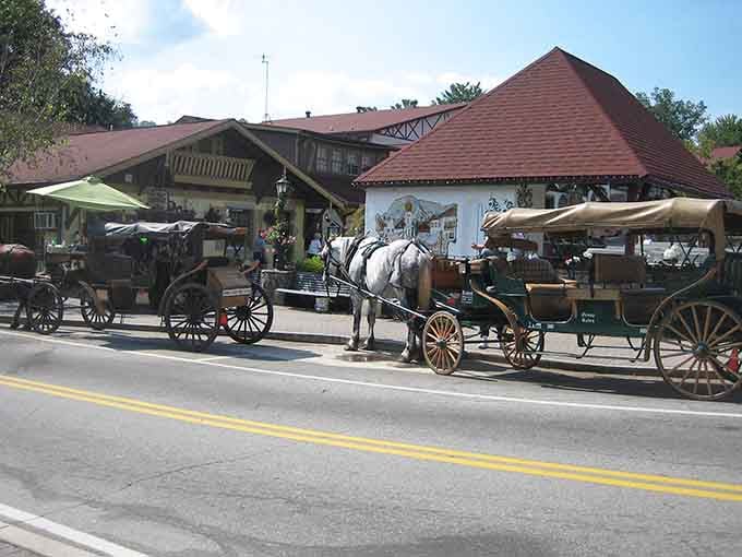Horse-drawn carriages and Alpine architecture create a scene so delightfully unexpected, you'll wonder if you took a wrong turn.