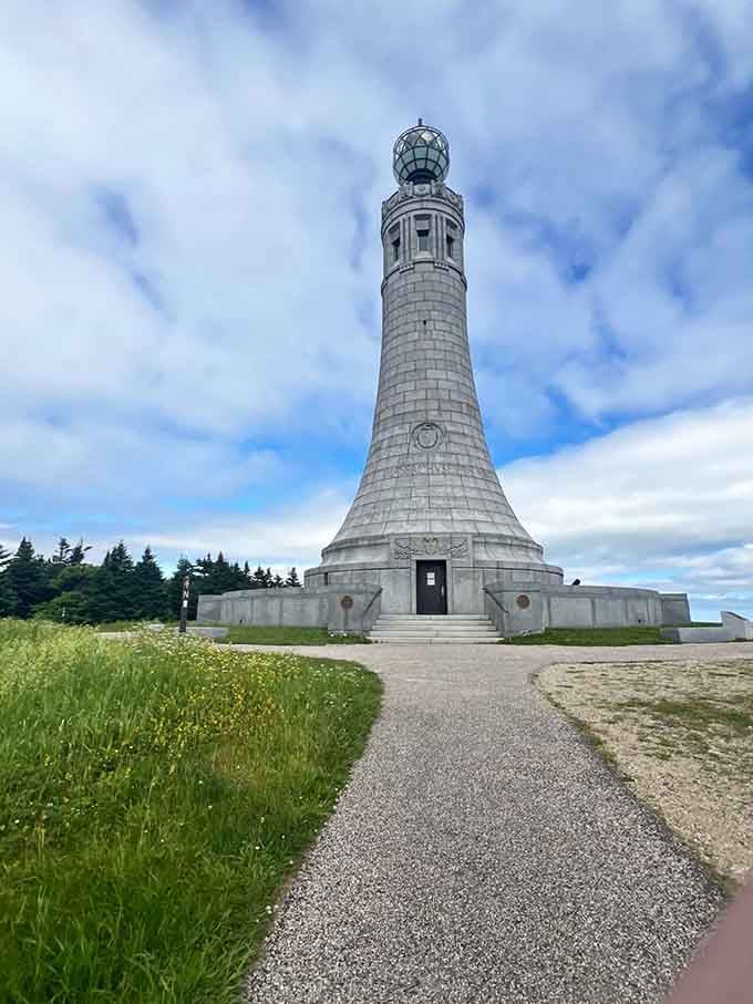 The Veterans War Memorial Tower stands tall, a lighthouse on a mountain because Massachusetts likes to keep things interesting.