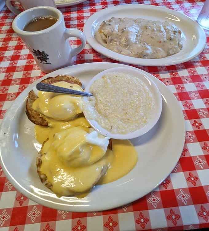 Eggs Benedict drowning in hollandaise with grits and biscuits proves Southern breakfast doesn't need to follow anyone's rules.