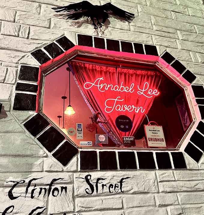 The coffin-shaped window display proves someone here commits fully to the theme without crossing into parody territory.