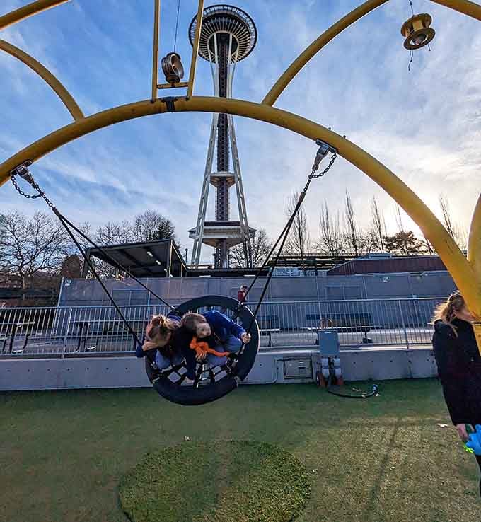 Swinging with the Space Needle overhead beats any ordinary playground view by about a thousand miles.