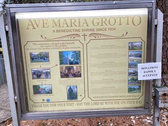 Educational markers throughout the grotto help visitors appreciate the history and craftsmanship behind each miniature marvel they encounter.