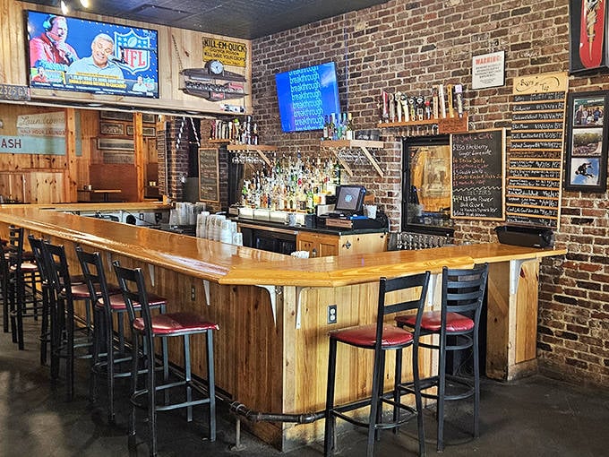 The bar area offers local brews to complement your slice&mdash;because great pizza deserves an equally impressive beverage companion.