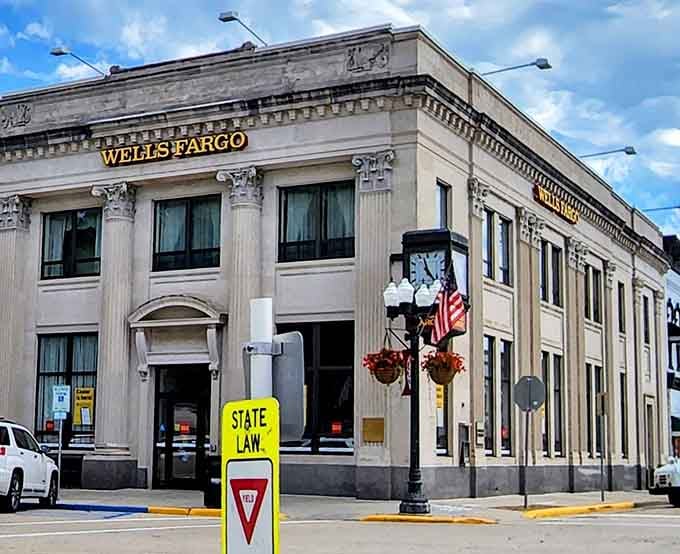 Even the Wells Fargo building sports classical columns, because in Baraboo, banking comes with a side of architectural appreciation.