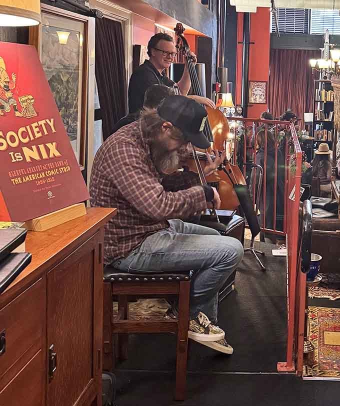 Live music adds another layer of magic to an already enchanting bookstore bar experience.
