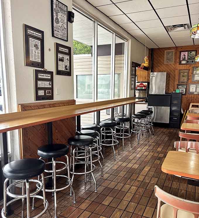 Window seating with bar stools offers prime people-watching while you devour your roast beef masterpiece in peace.