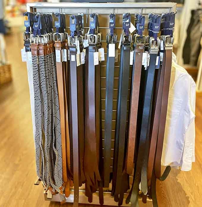 The belt display at Gap Factory&mdash;where holding up your pants becomes an exercise in affordable style rather than mere necessity.