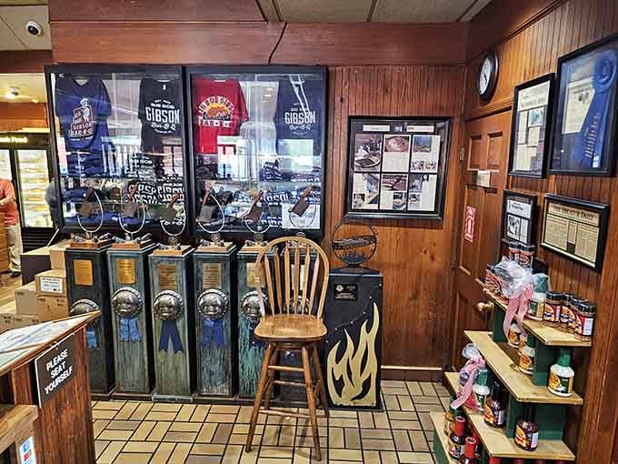 Trophy cases tell the story of countless competitions won and barbecue excellence achieved over many hungry years.
