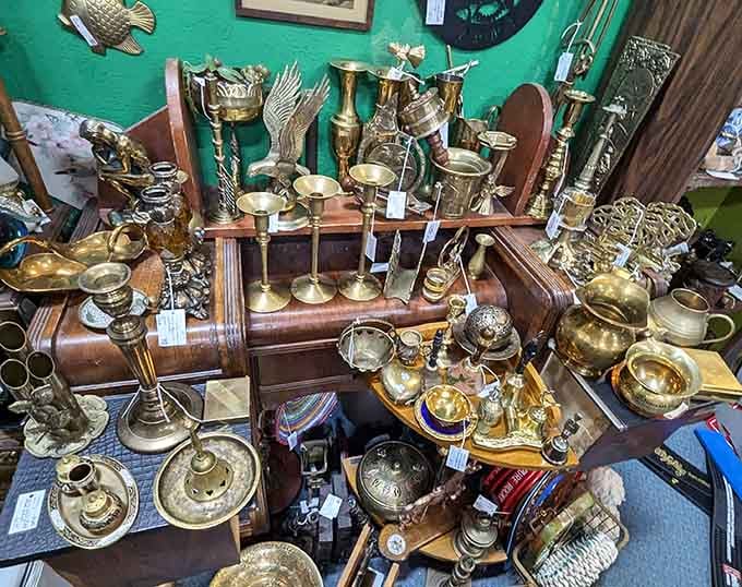 Brass and bronze treasures gleam like a dragon's hoard, minus the fire-breathing guardian but equally impressive in scope.