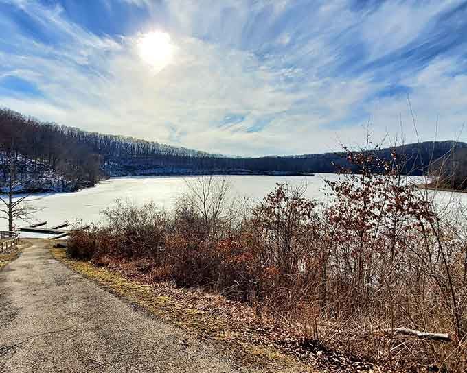 Winter transforms the frozen lake into a scene straight from a very peaceful snow globe.