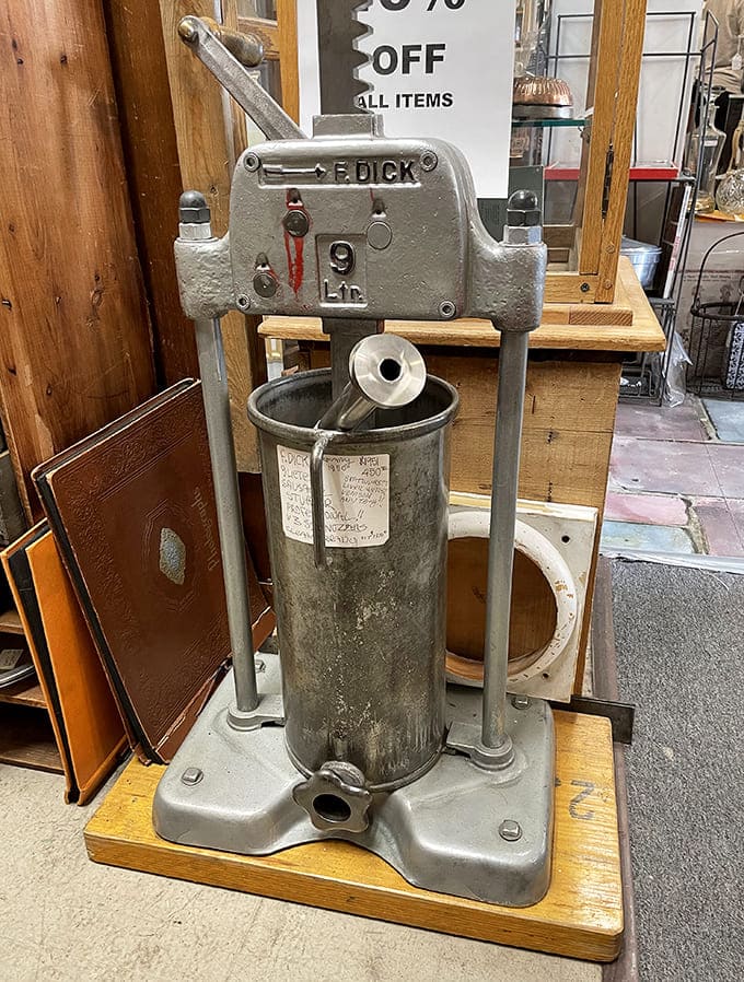 A manual sausage stuffer that's seen more action than most modern kitchen gadgets will in their lifetime.