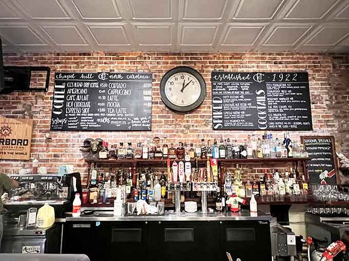 The bar area with its chalkboard menus and well-stocked shelves blends old-school charm with modern beverage offerings perfectly.