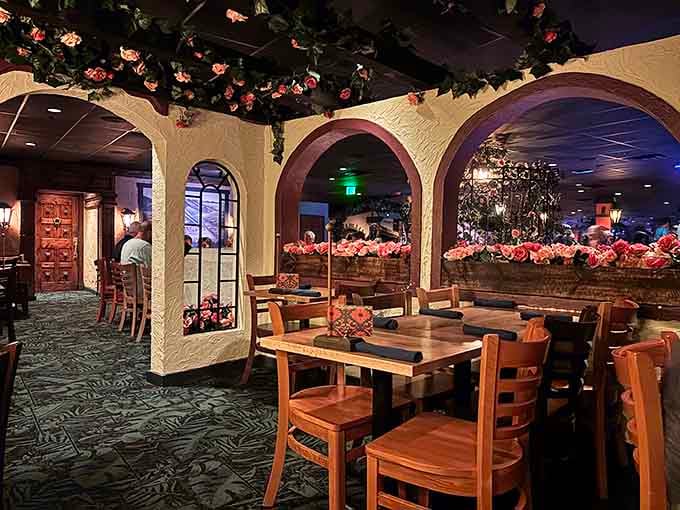 Dining rooms sprawl across multiple levels with views of waterfalls, because one floor would be far too conventional.