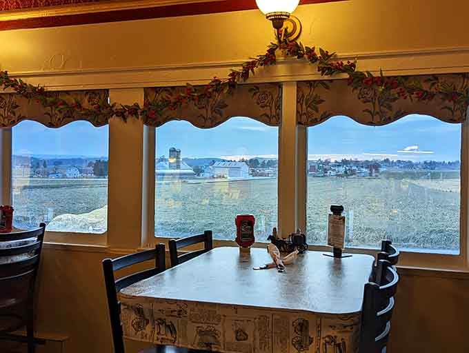 Window seats offering views of Lancaster farmland while you enjoy your meal, nature's best entertainment included free.