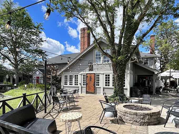 M Bevy's patio offers outdoor dining with a fire pit, because eating outside always tastes better than it should.