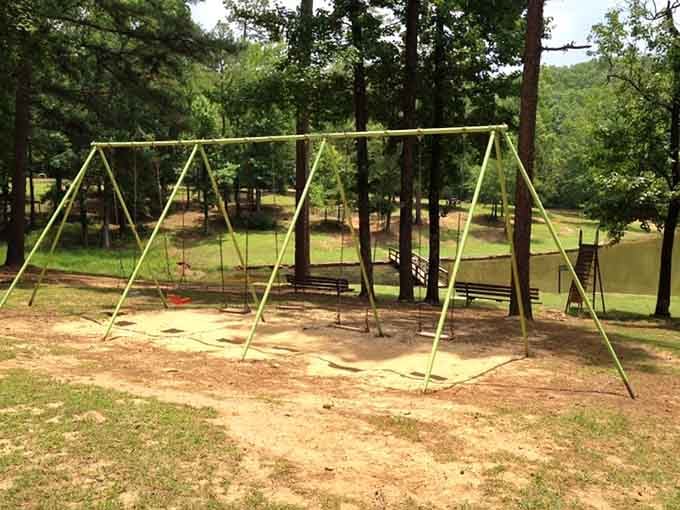 Swings overlooking the lake, where adults pretend they're supervising kids but secretly want a turn themselves.