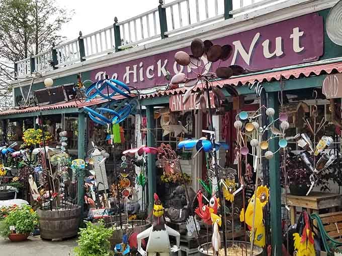 The Hickory Nut's colorful storefront bursts with whimsical garden art that'll brighten even the cloudiest mountain morning.